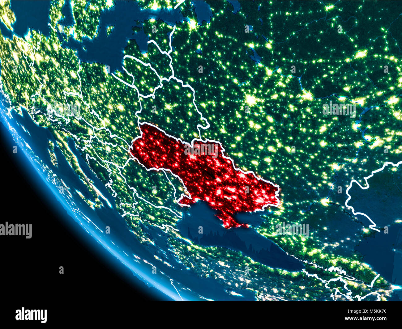 Map of Ukraine in red as seen from space on planet Earth at night with ...