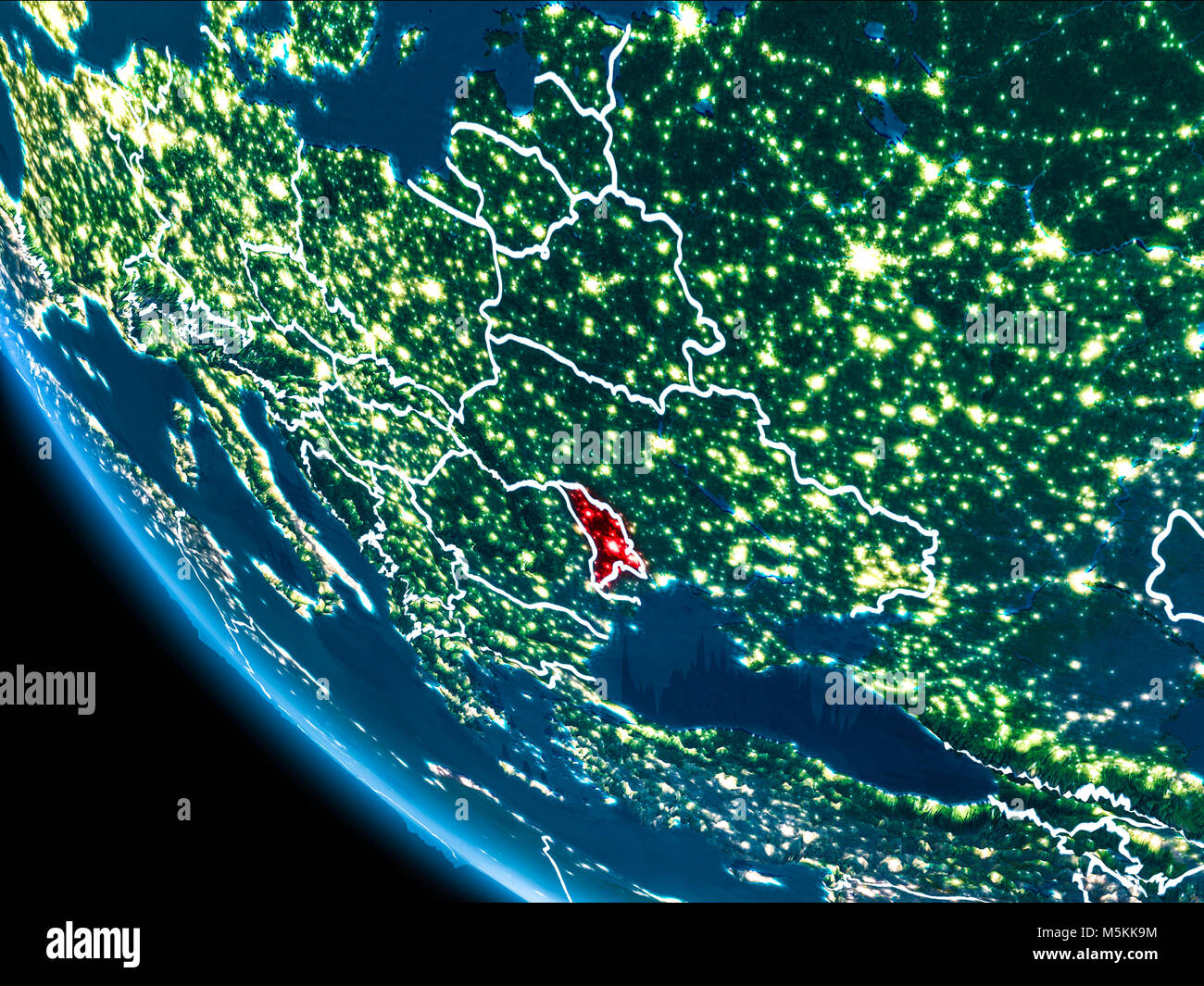 Map of Moldova in red as seen from space on planet Earth at night with ...
