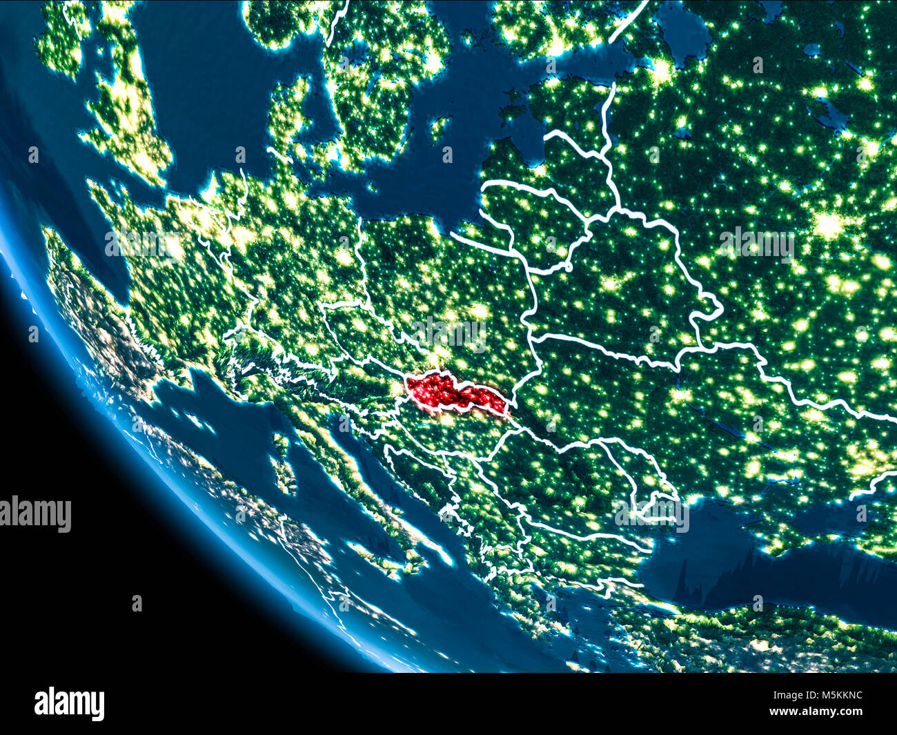 Map of Slovakia in red as seen from space on planet Earth at night with ...