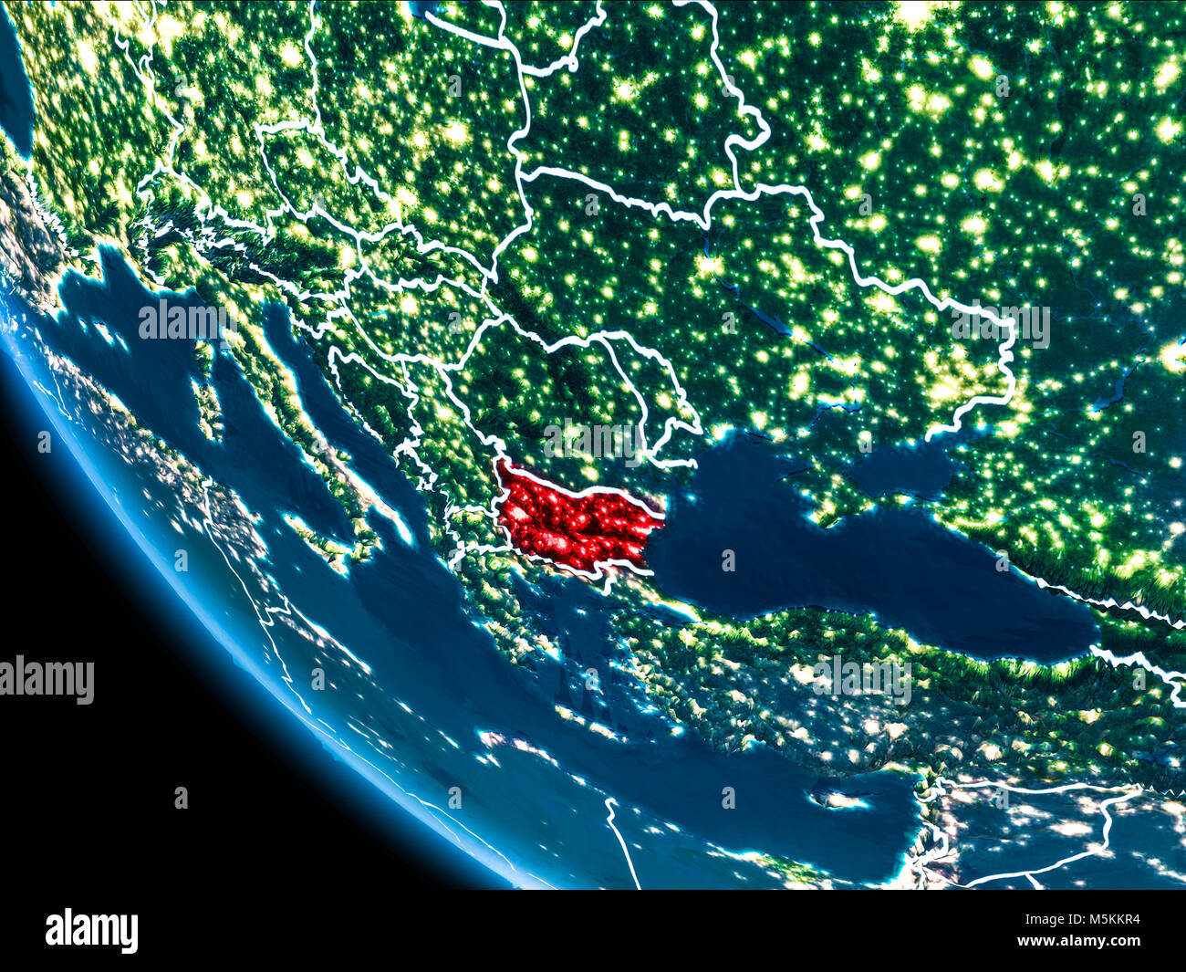 Map of Bulgaria in red as seen from space on planet Earth at night with ...