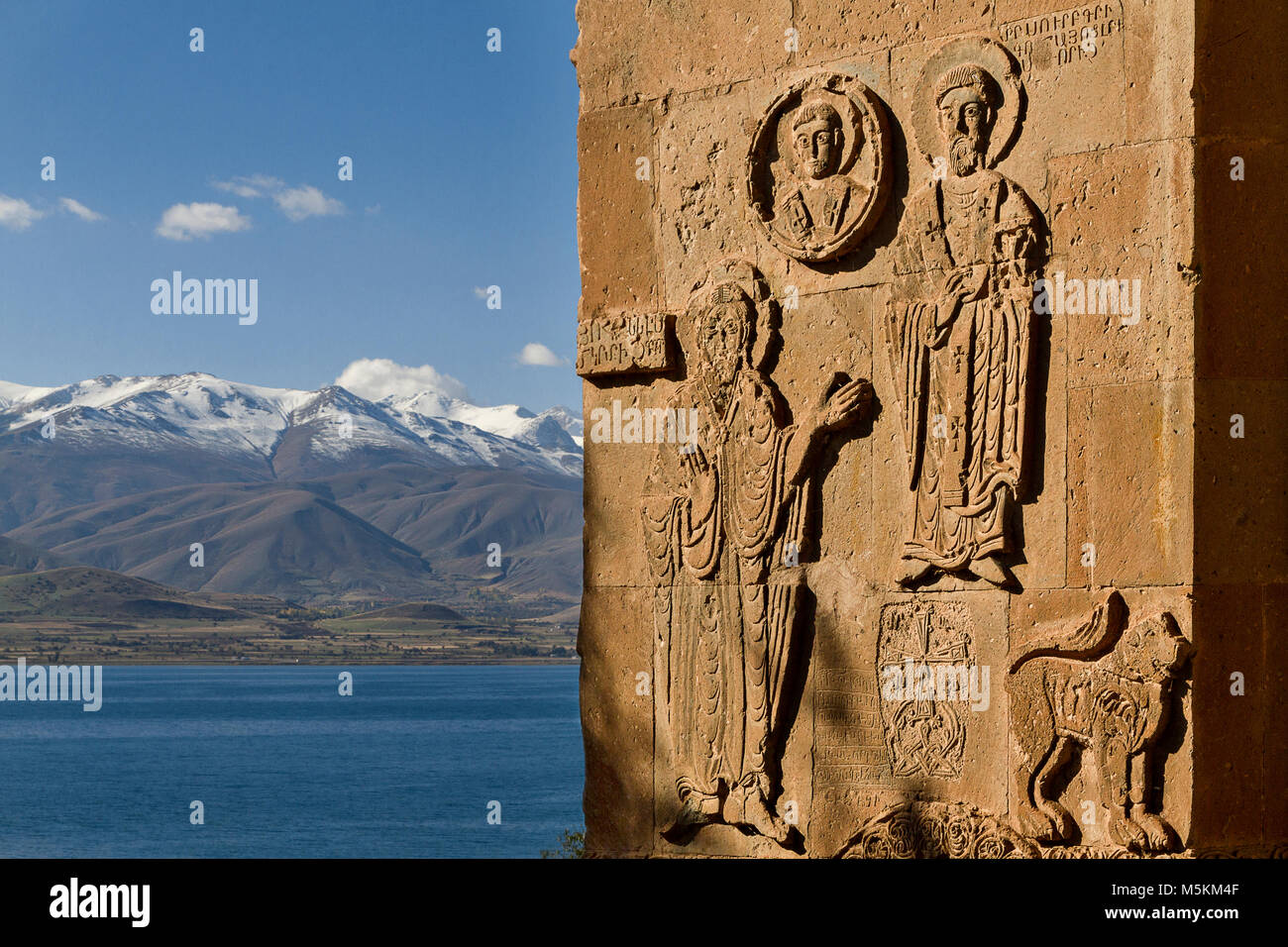 Reliefs on the wall of the ancient Armenian church of Akhtamar on the ...