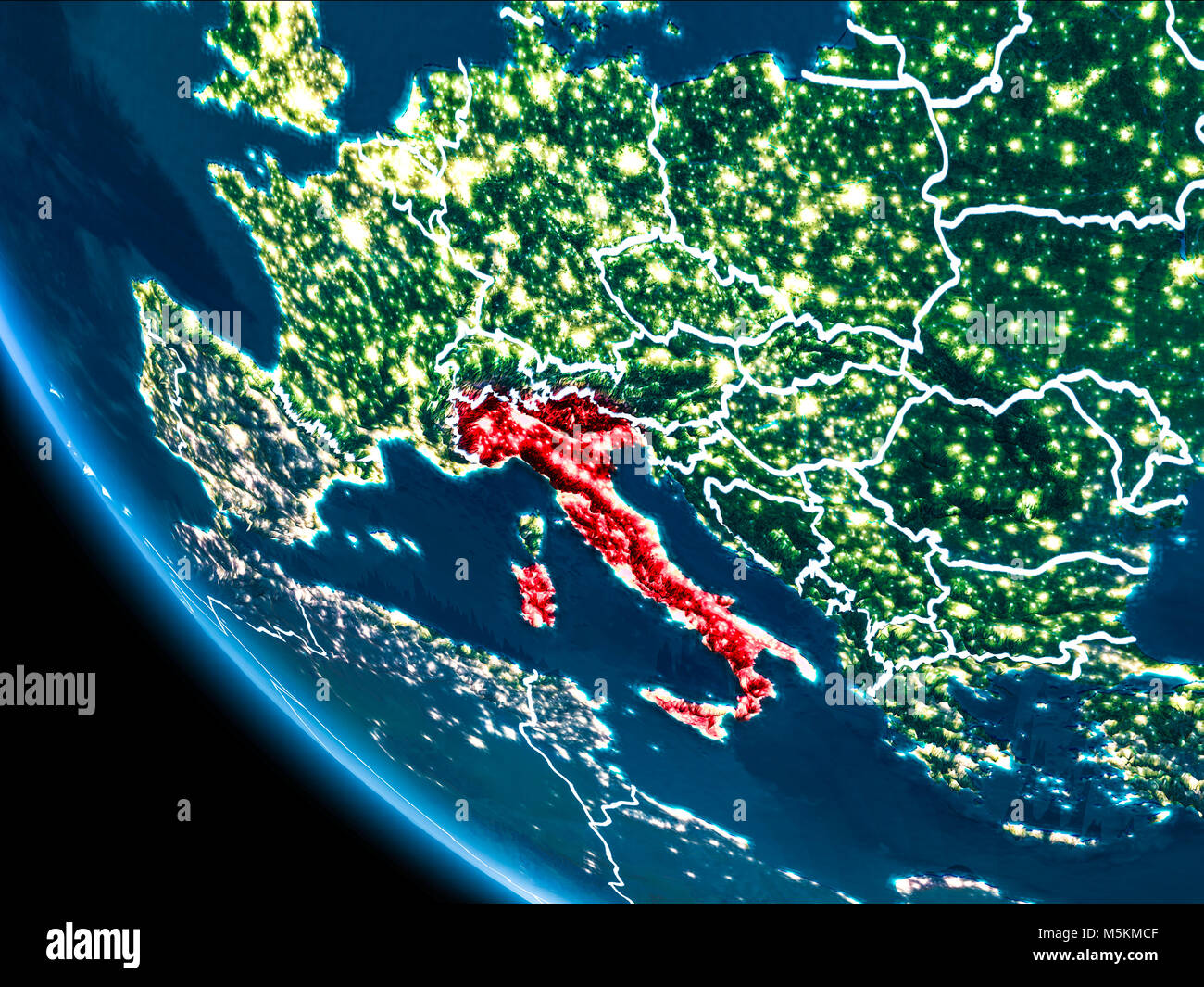 Map of Italy in red as seen from space on planet Earth at night with ...