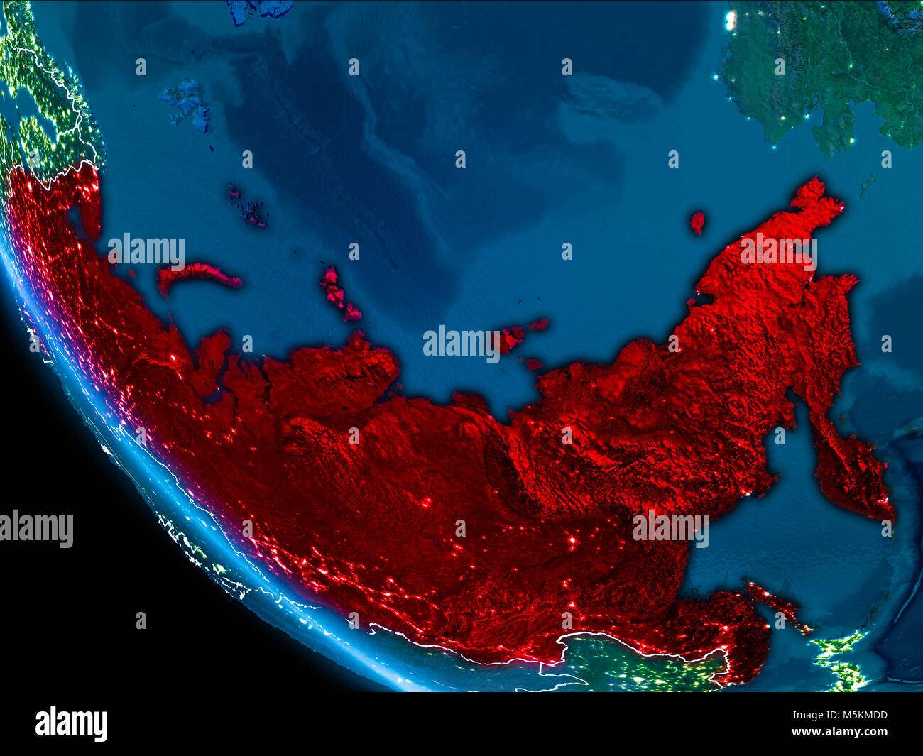 Map of Russia in red as seen from space on planet Earth at night with ...