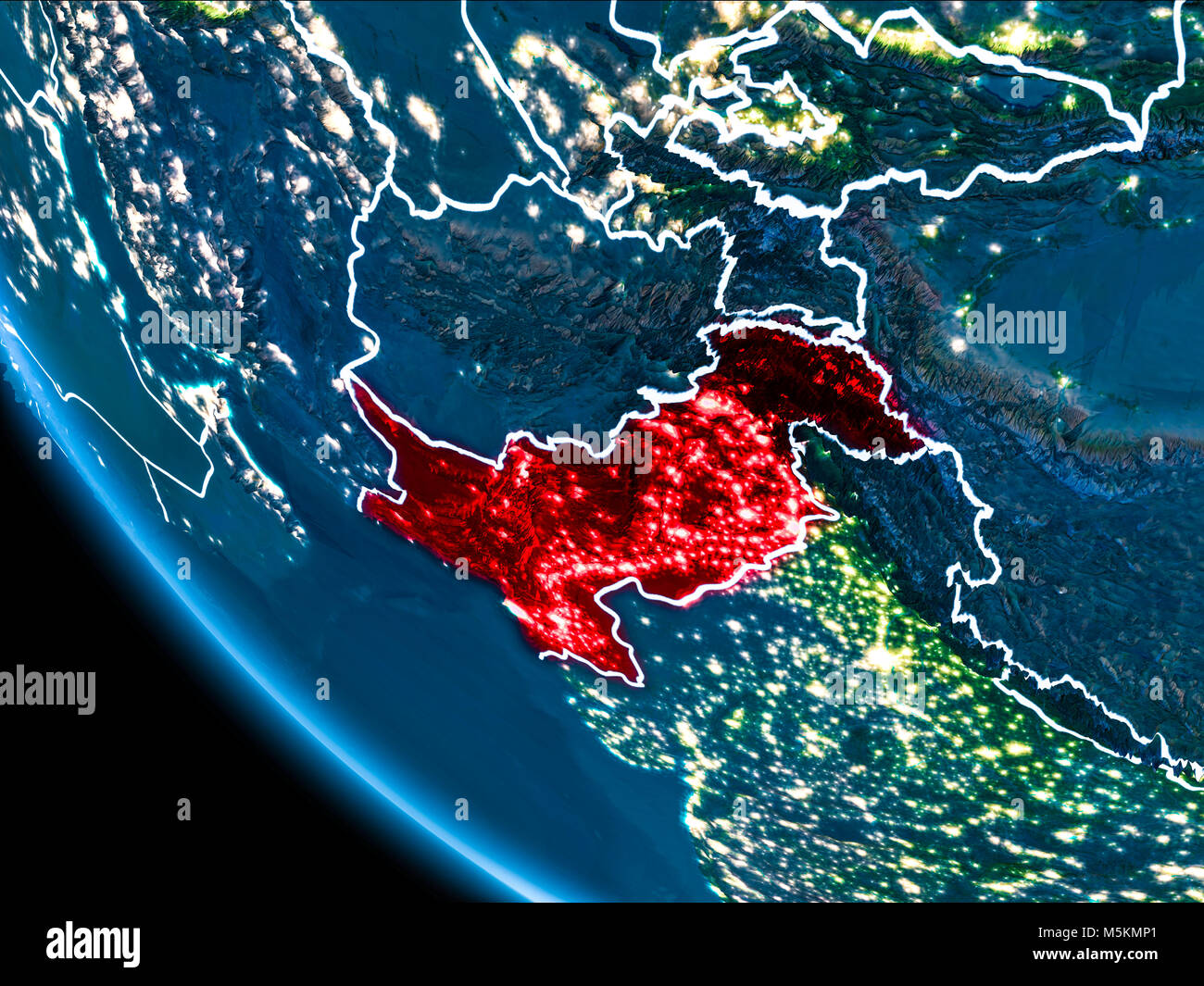 Map of Pakistan in red as seen from space on planet Earth at night with ...