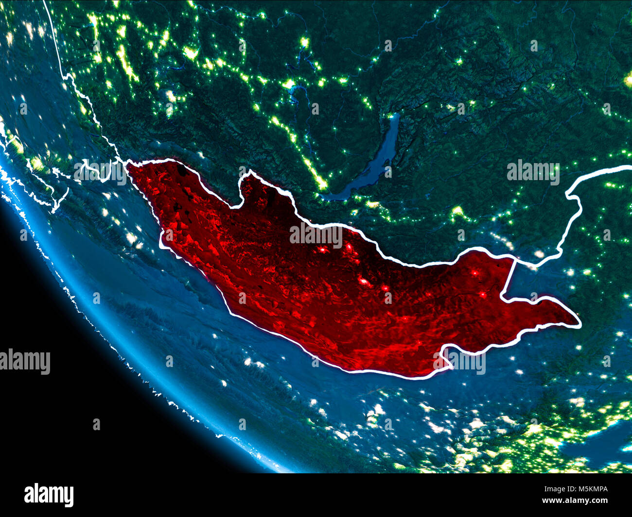 Map of Mongolia in red as seen from space on planet Earth at night with ...
