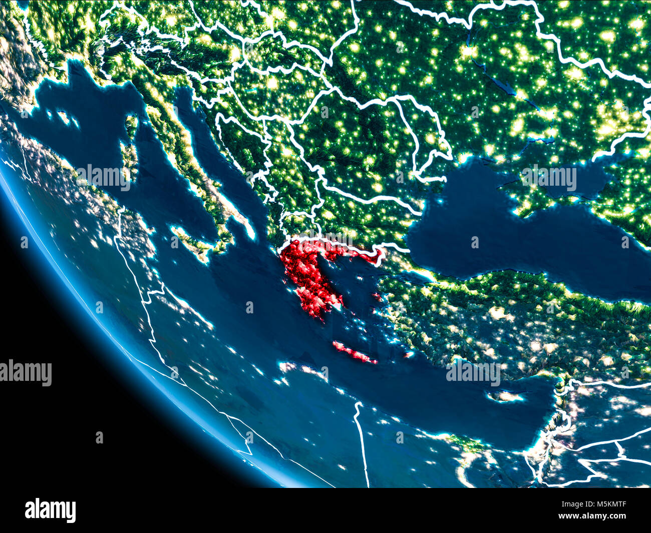Map of Greece in red as seen from space on planet Earth at night with ...