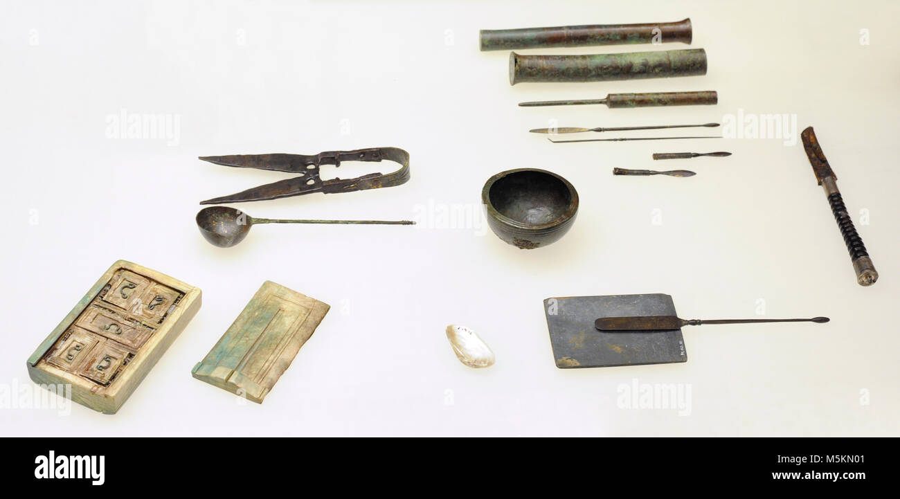 Grave goods of a Roman doctor: two scalpels, three probes with bronze ...