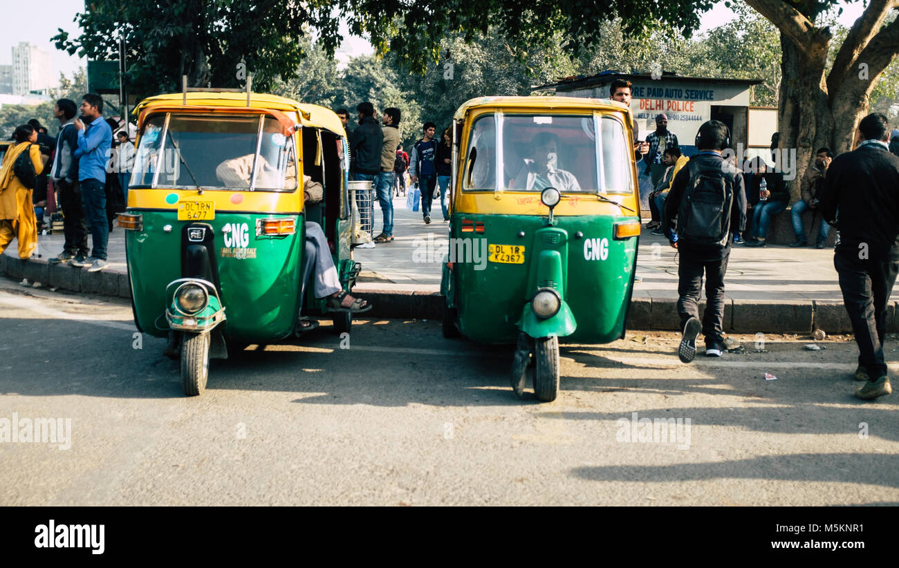 Yellow and Green Tuk-Tuk's seen in Delhi, India Stock Photo - Alamy