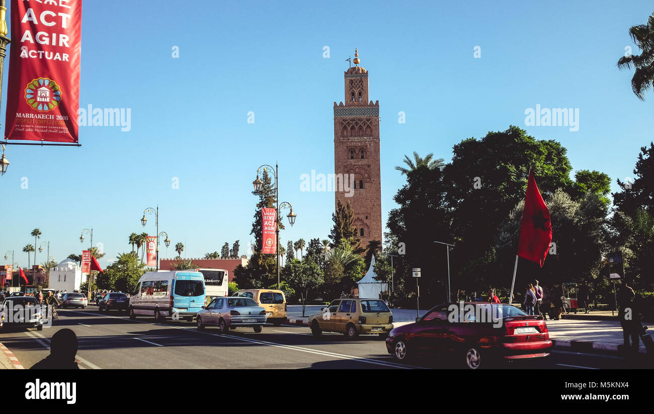 The buildings and skyline of Marrakech, Morocco can be seen during the ...