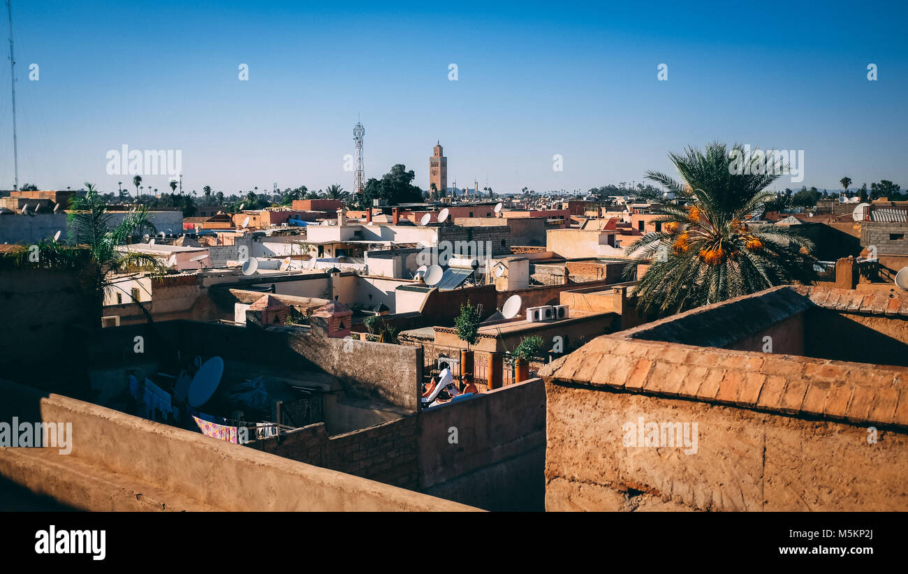 The buildings and skyline of Marrakech, Morocco can be seen during the ...