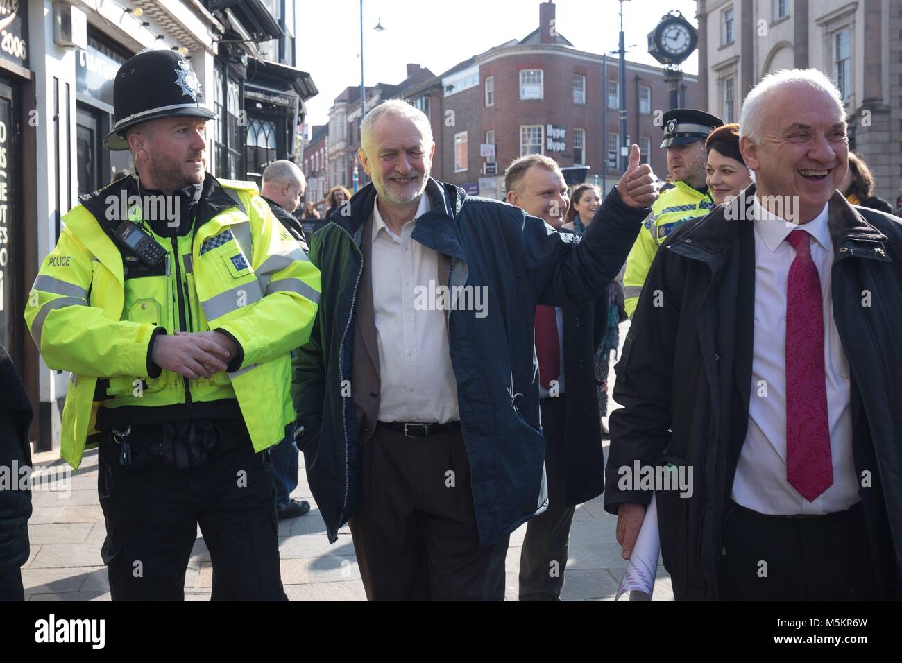 Labour leader Jeremy Corbyn gives the thumbs up to members of the ...
