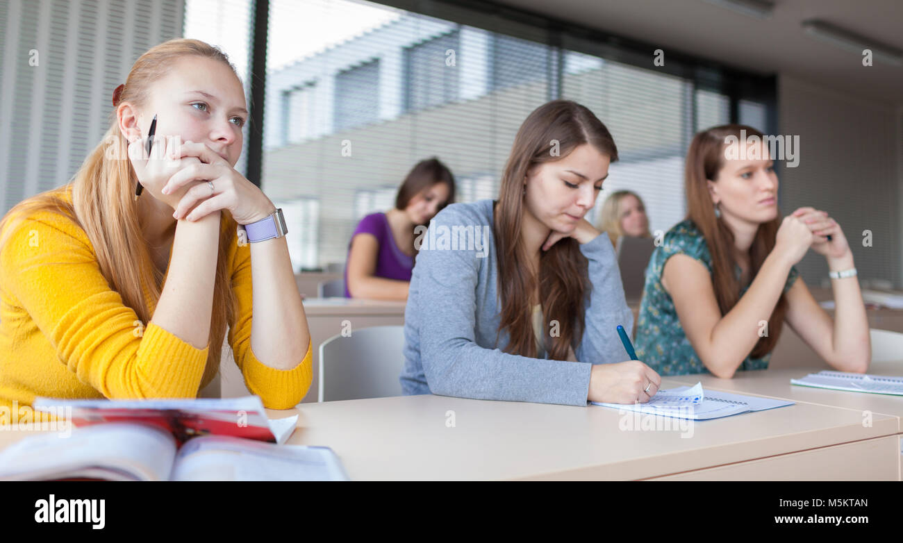 Students in classroom - young pretty female college student sitting in ...