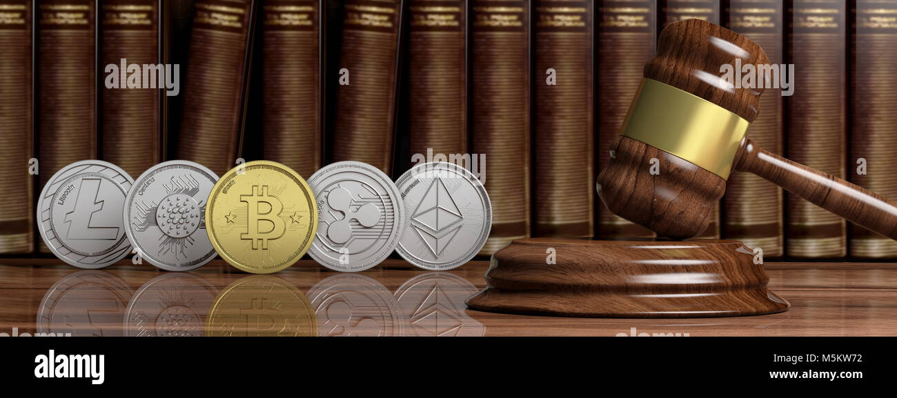 Cryptocurrency law concept. Gavel and variety of virtual coins on law ...