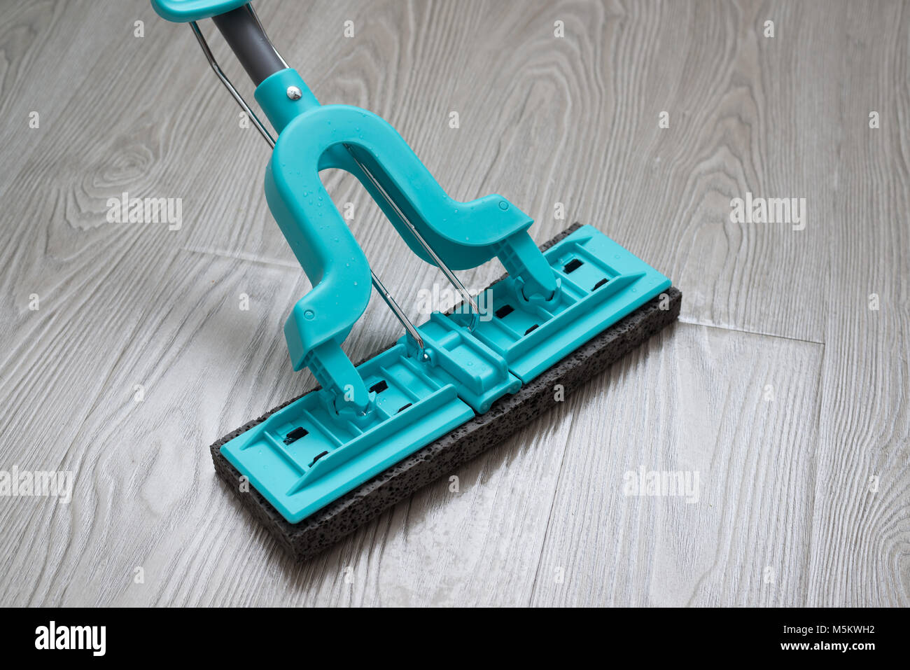 blue mop on laminate background in room Stock Photo - Alamy