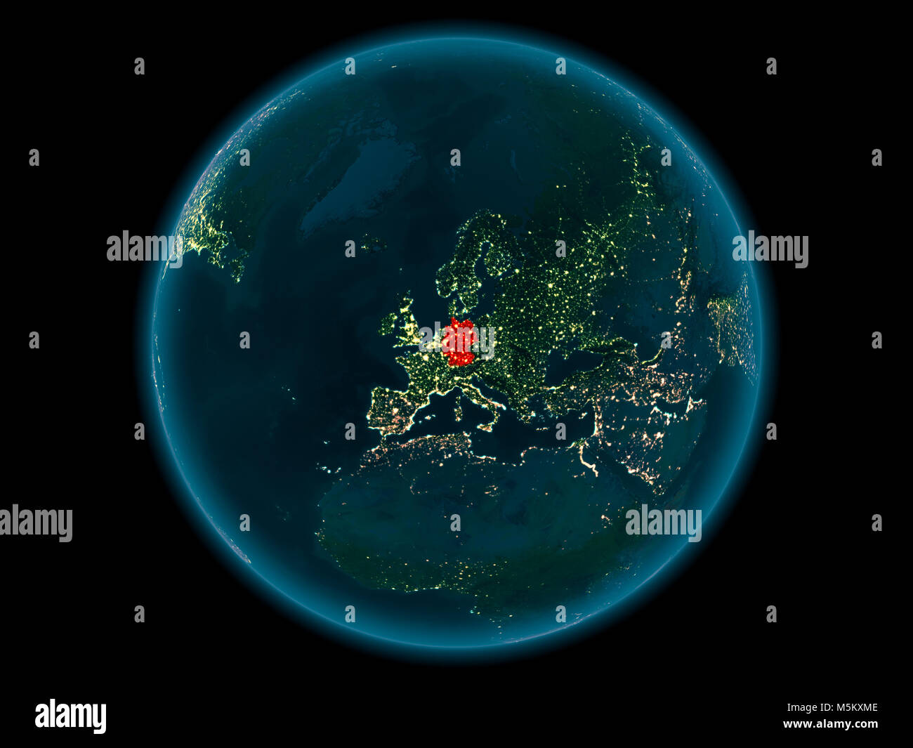 Night above Germany highlighted in red on model of planet Earth in ...