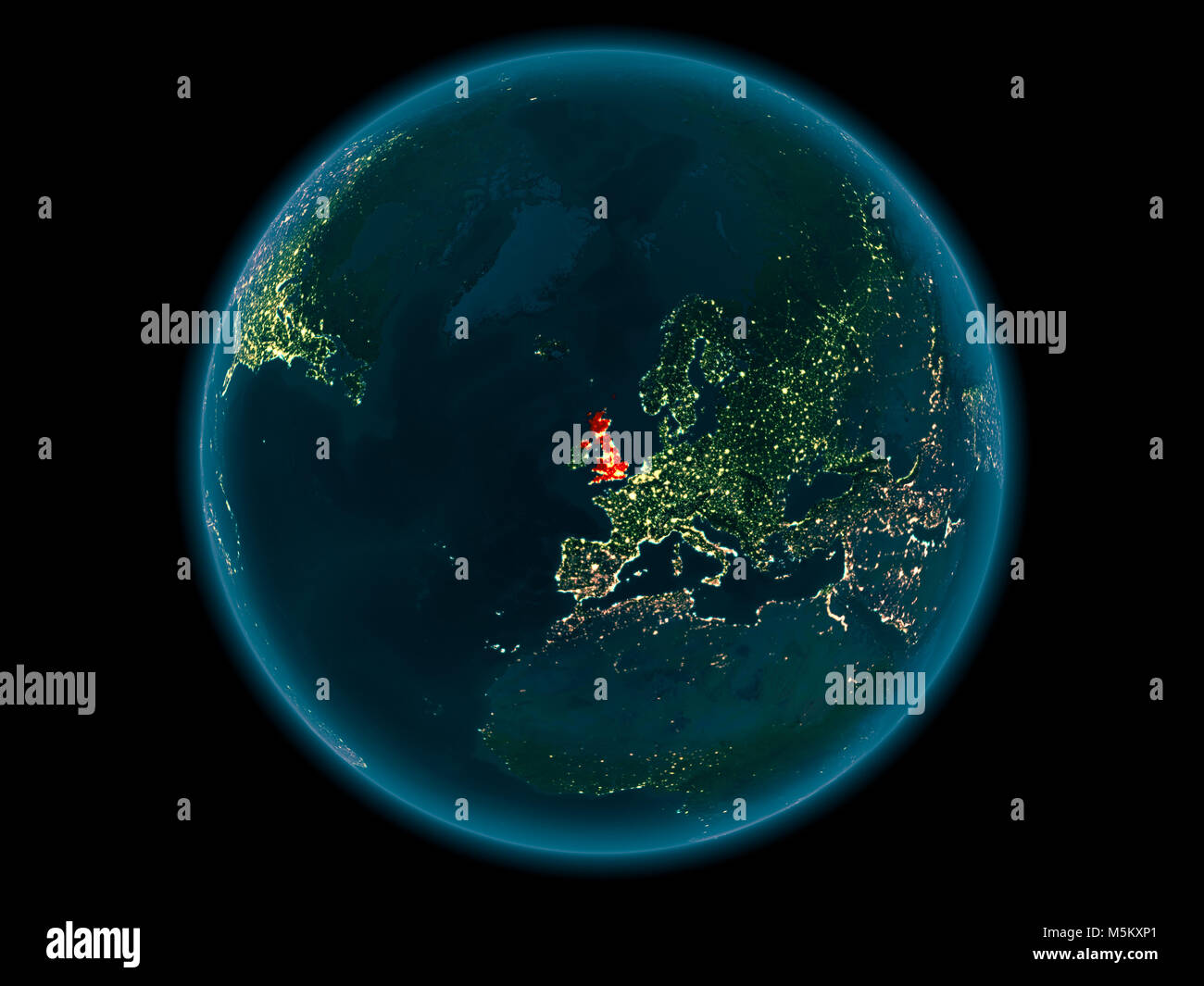 Night above United Kingdom highlighted in red on model of planet Earth ...