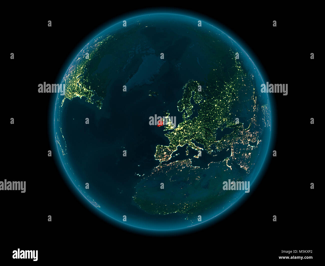 Night above Ireland highlighted in red on model of planet Earth in ...