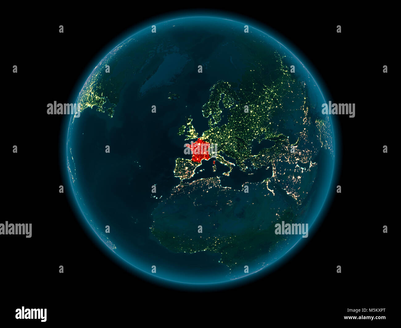 Night above France highlighted in red on model of planet Earth in space ...