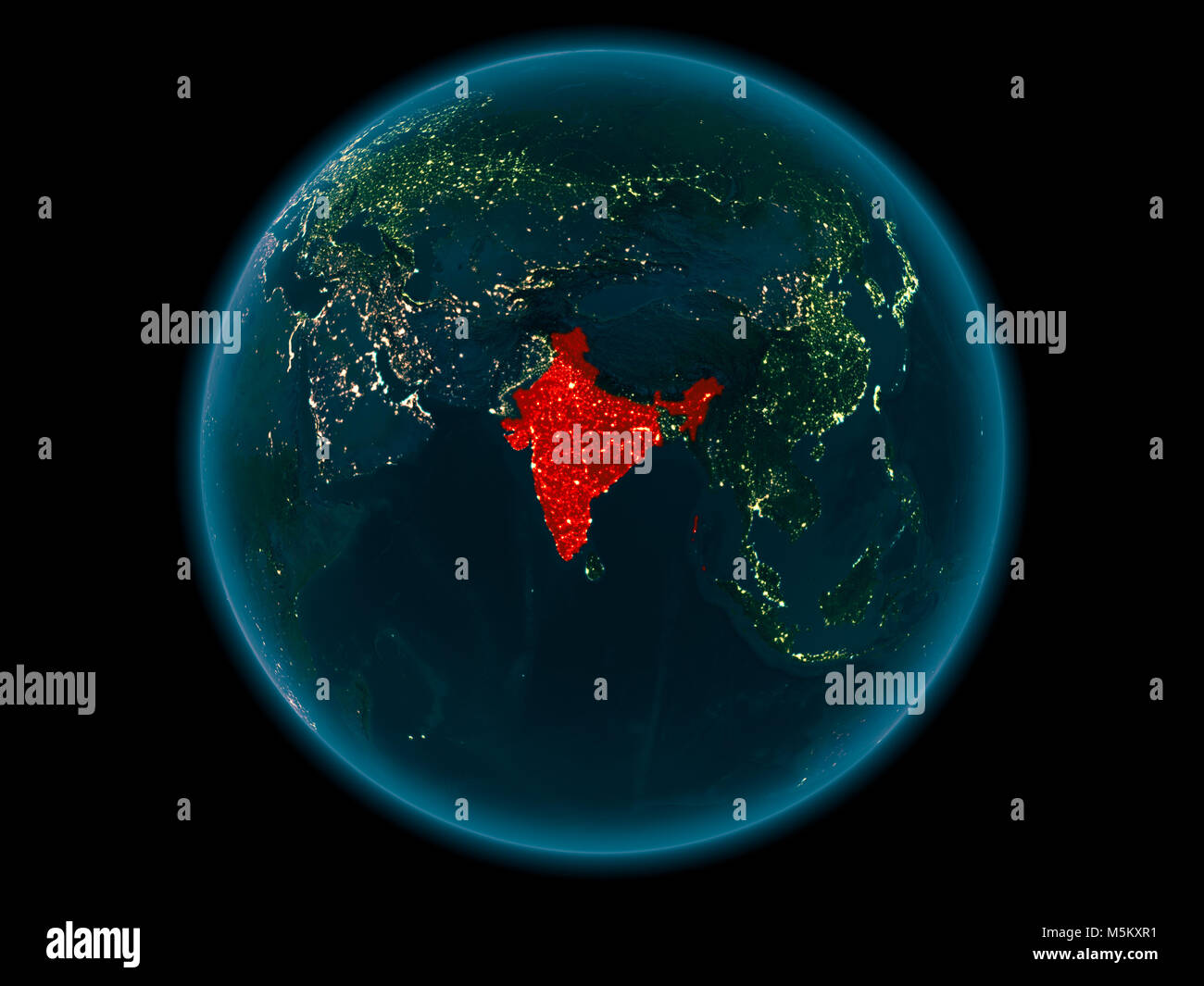 Night above India highlighted in red on model of planet Earth in space ...