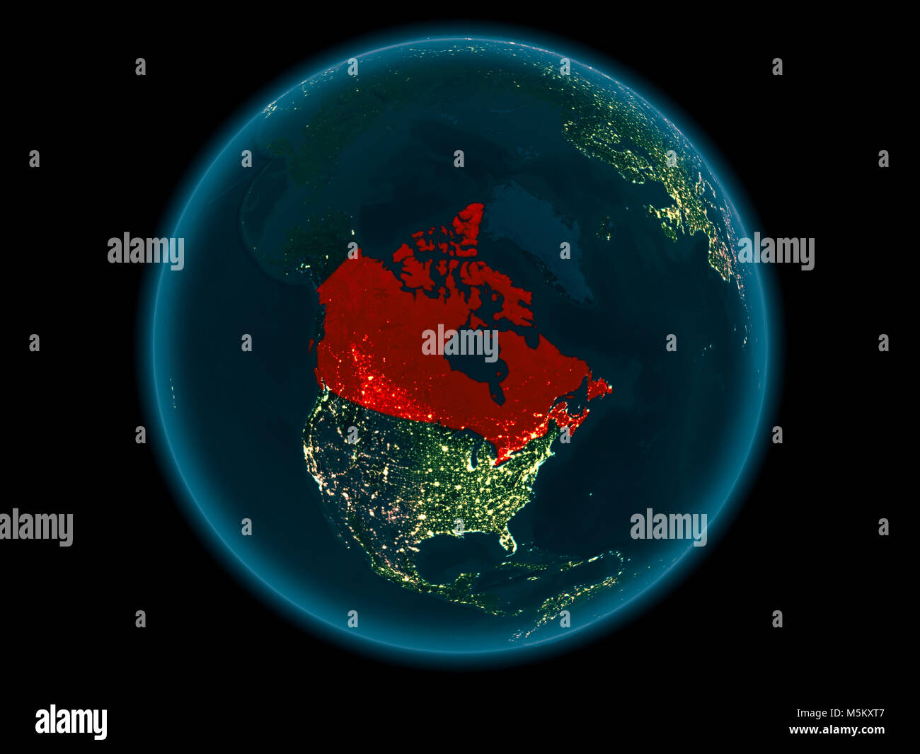 Night above Canada highlighted in red on model of planet Earth in space ...