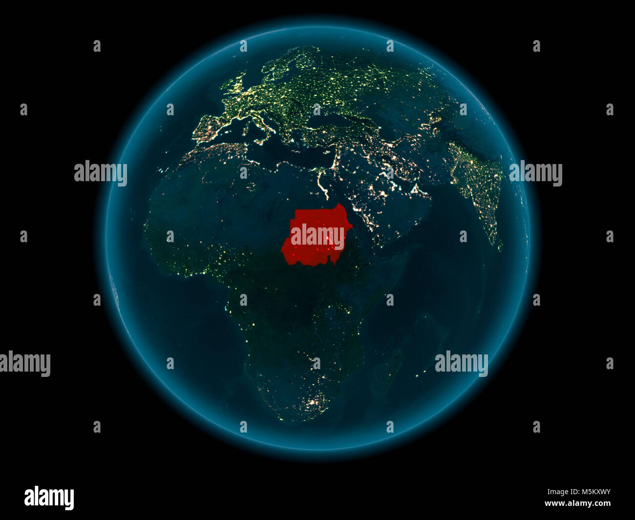 Night above Sudan highlighted in red on model of planet Earth in space. 3D illustration ...
