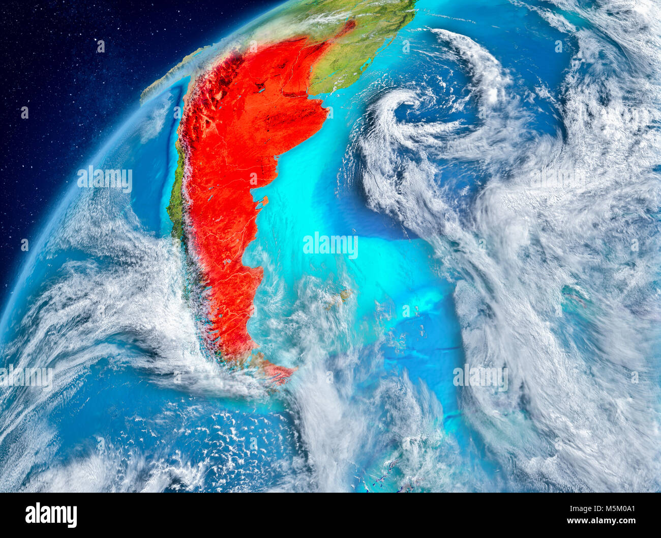 Country of Argentina in red on planet Earth with atmosphere. 3D illustration. Elements of this ...
