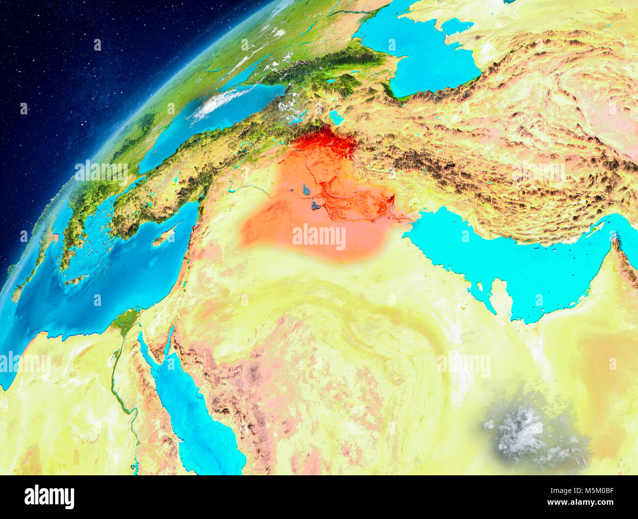 Country of Iraq in red on planet Earth with atmosphere. 3D illustration ...