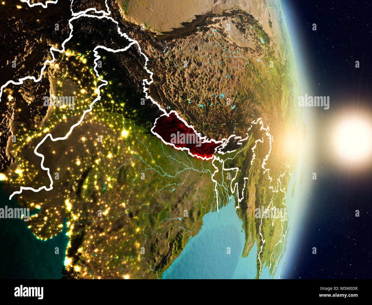 Nepal during sunrise highlighted in red on planet Earth with visible ...