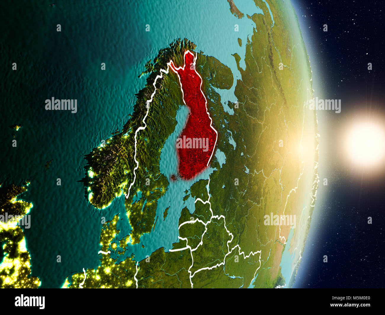 Finland during sunrise highlighted in red on planet Earth with visible ...