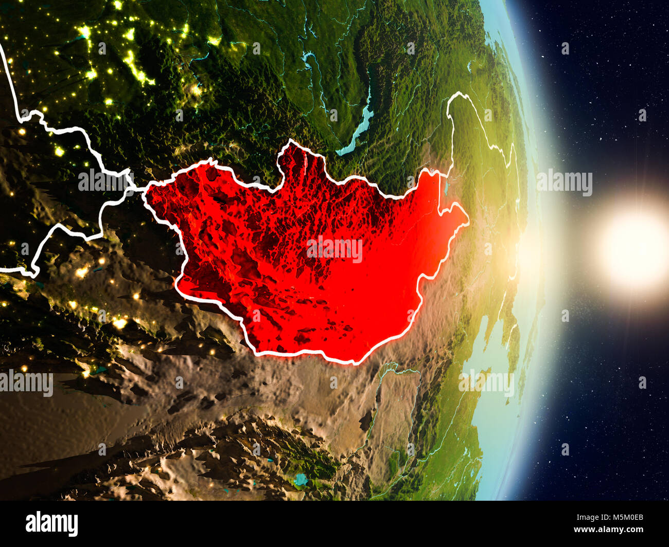 Mongolia during sunrise highlighted in red on planet Earth with visible ...