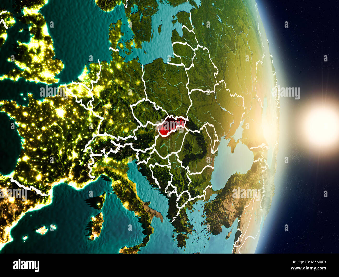 Slovakia during sunrise highlighted in red on planet Earth with visible ...