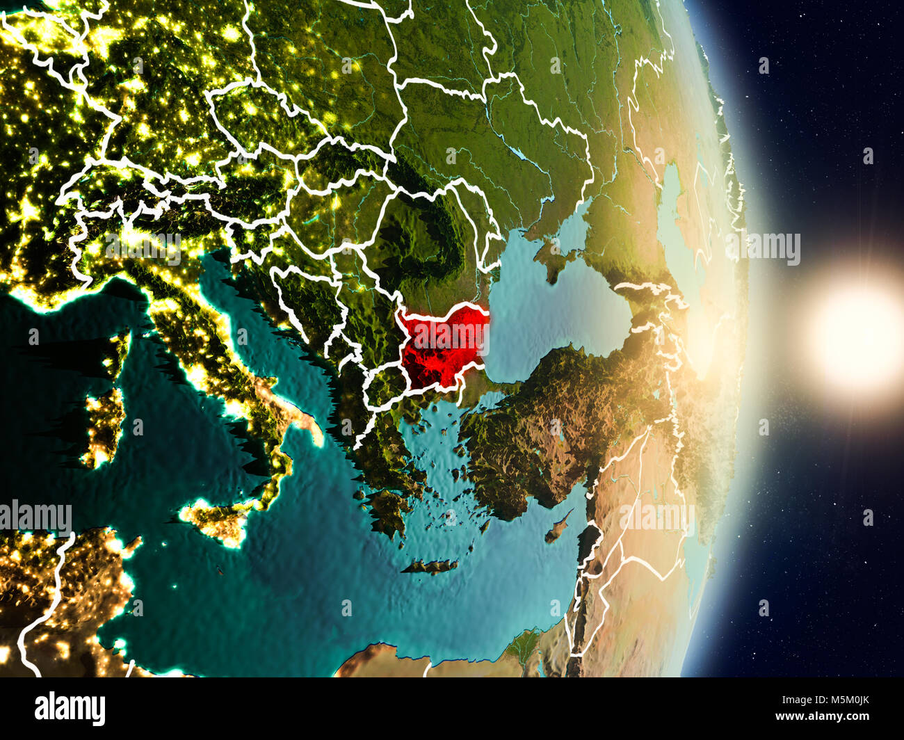 Bulgaria during sunrise highlighted in red on planet Earth with visible ...