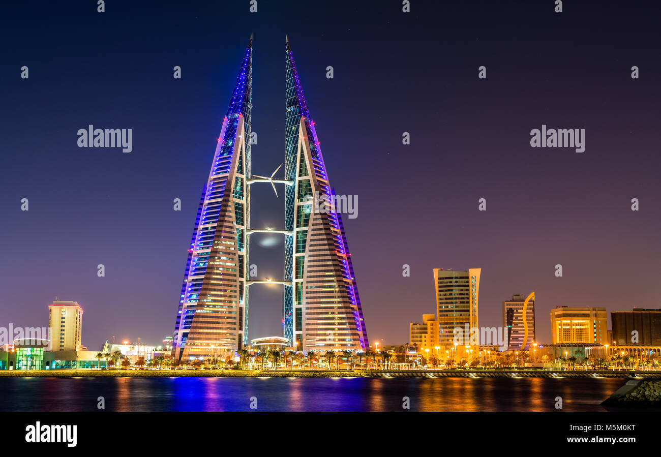 Skyline of Manama dominated by the World Trade Center Building. Bahrain ...