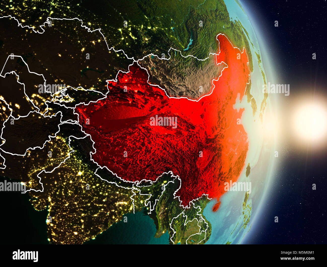 China during sunrise highlighted in red on planet Earth with visible ...
