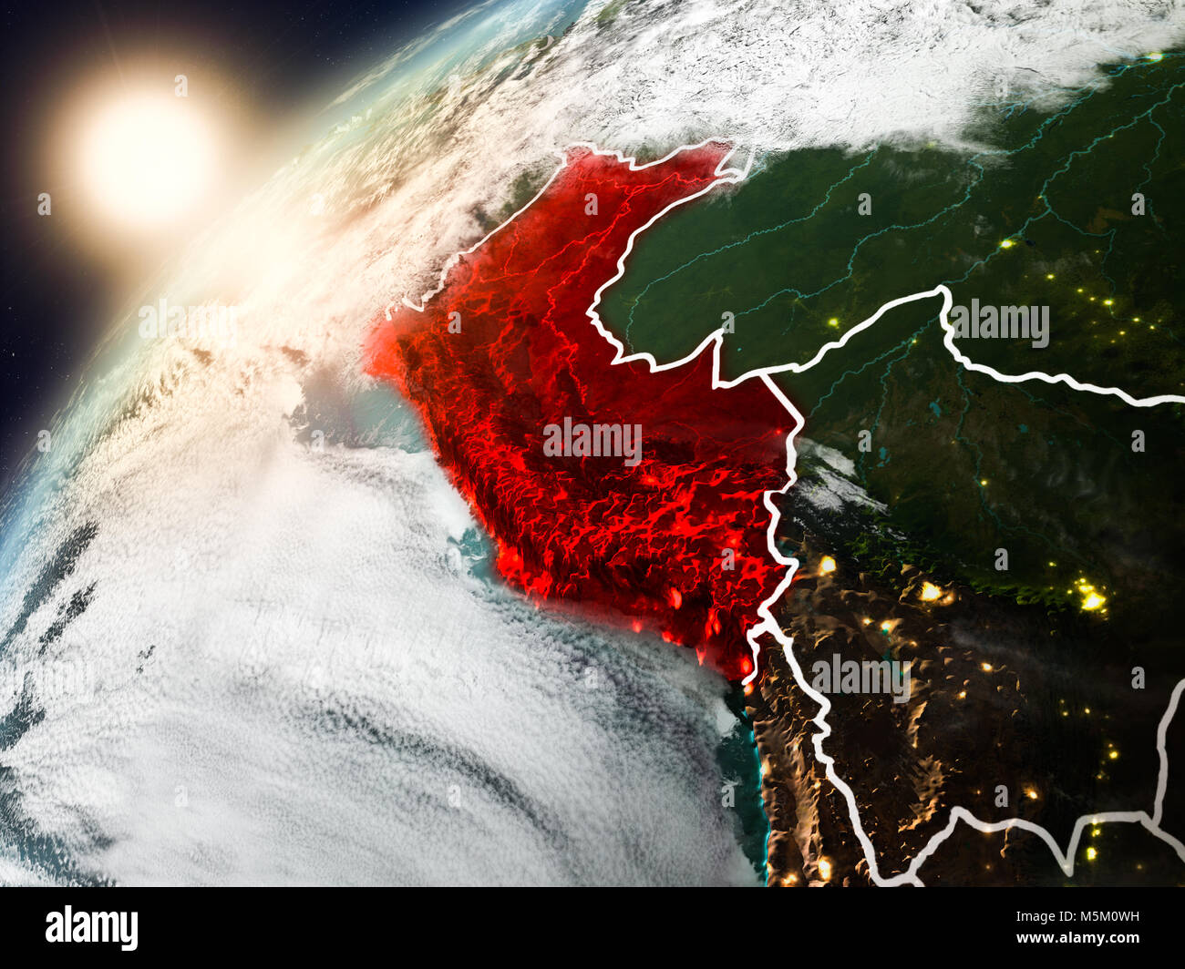 Peru during sunset highlighted in red on planet Earth with clouds and visible country borders ...