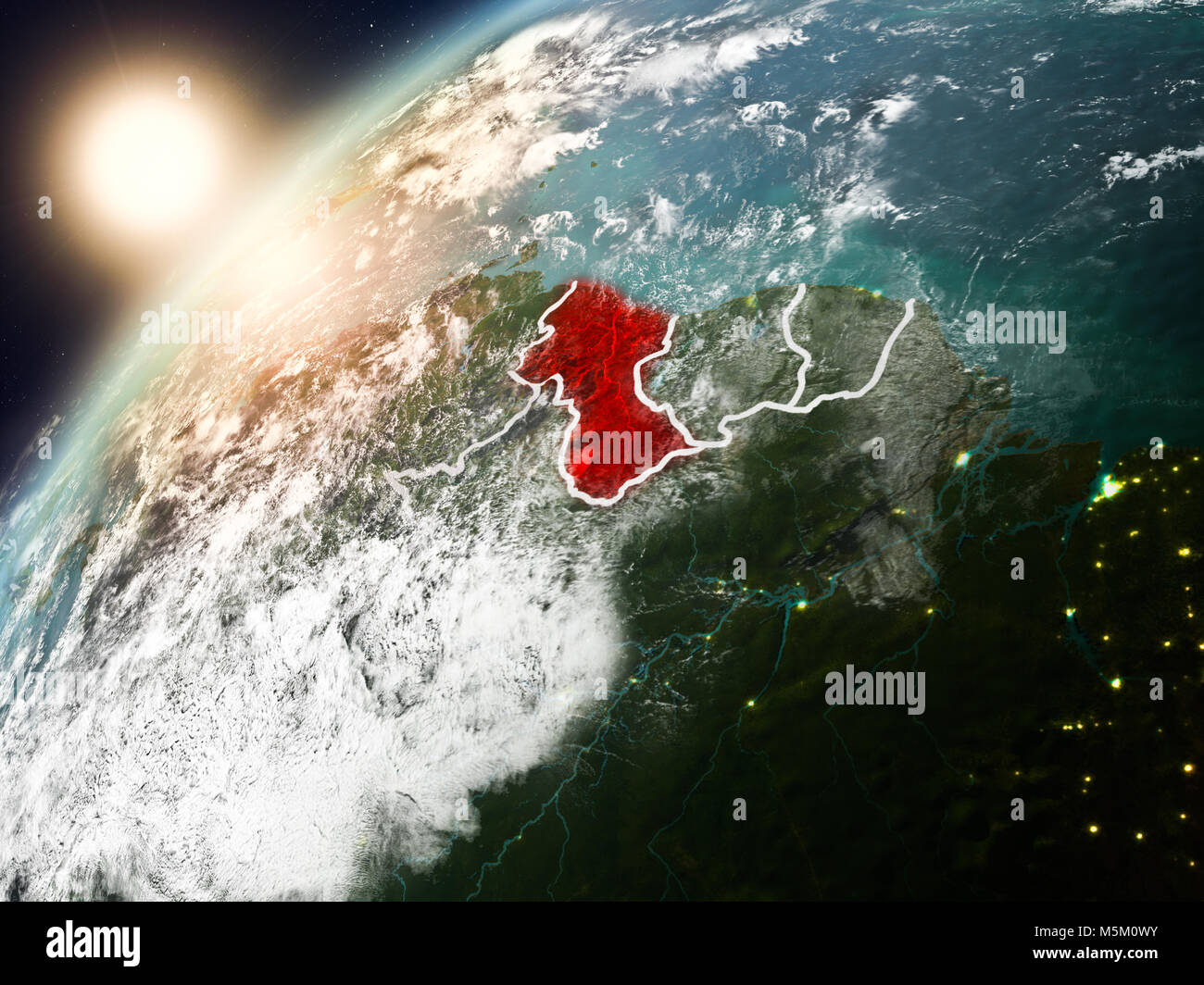 Guyana during sunset highlighted in red on planet Earth with clouds and ...