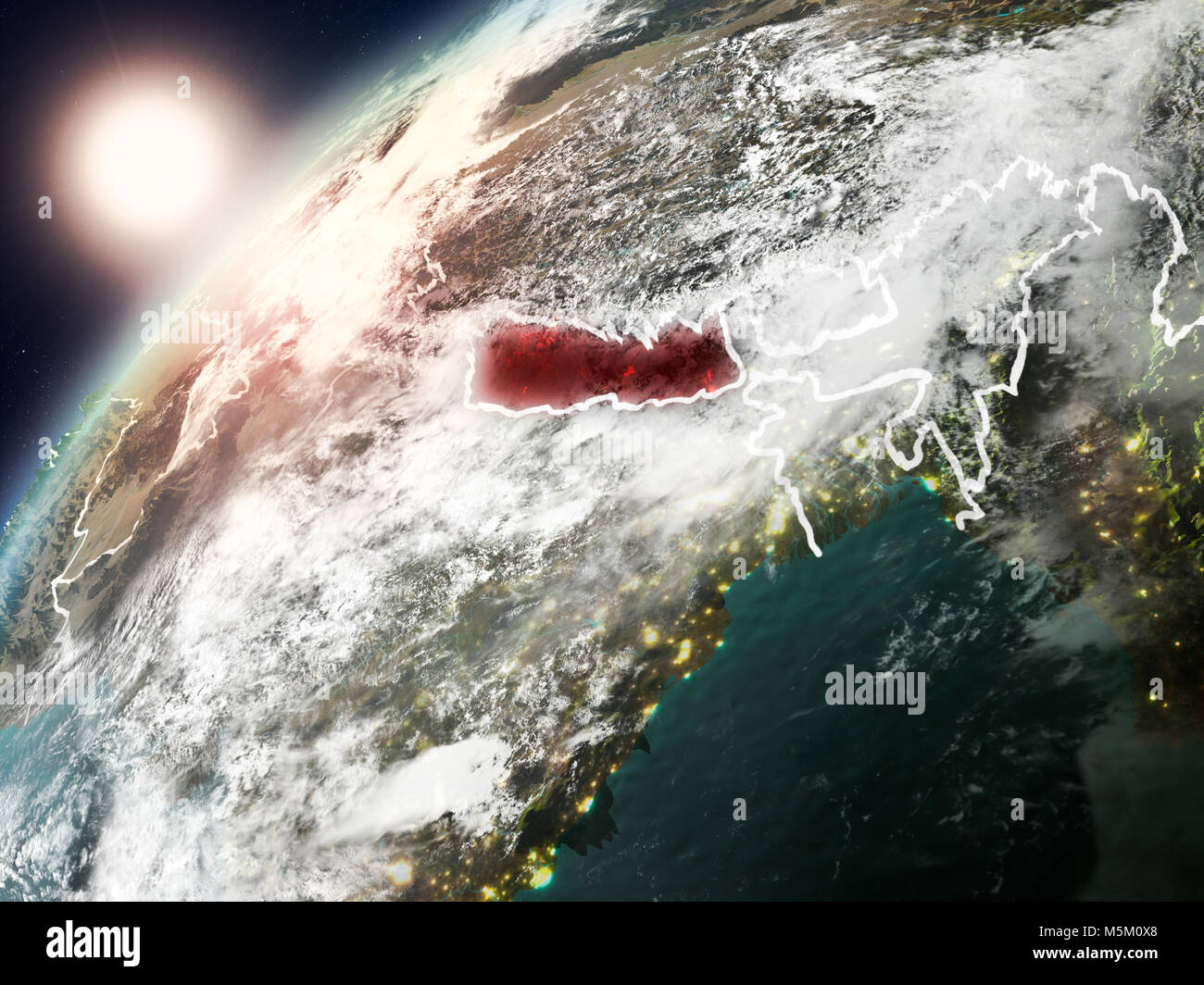 Nepal during sunset highlighted in red on planet Earth with clouds and ...