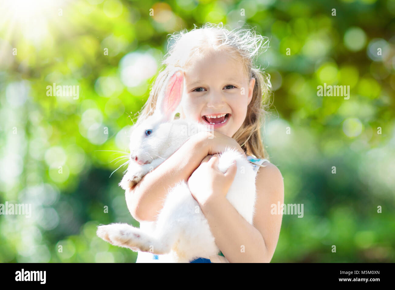 Child playing with white rabbit. Little girl feeding and petting white ...