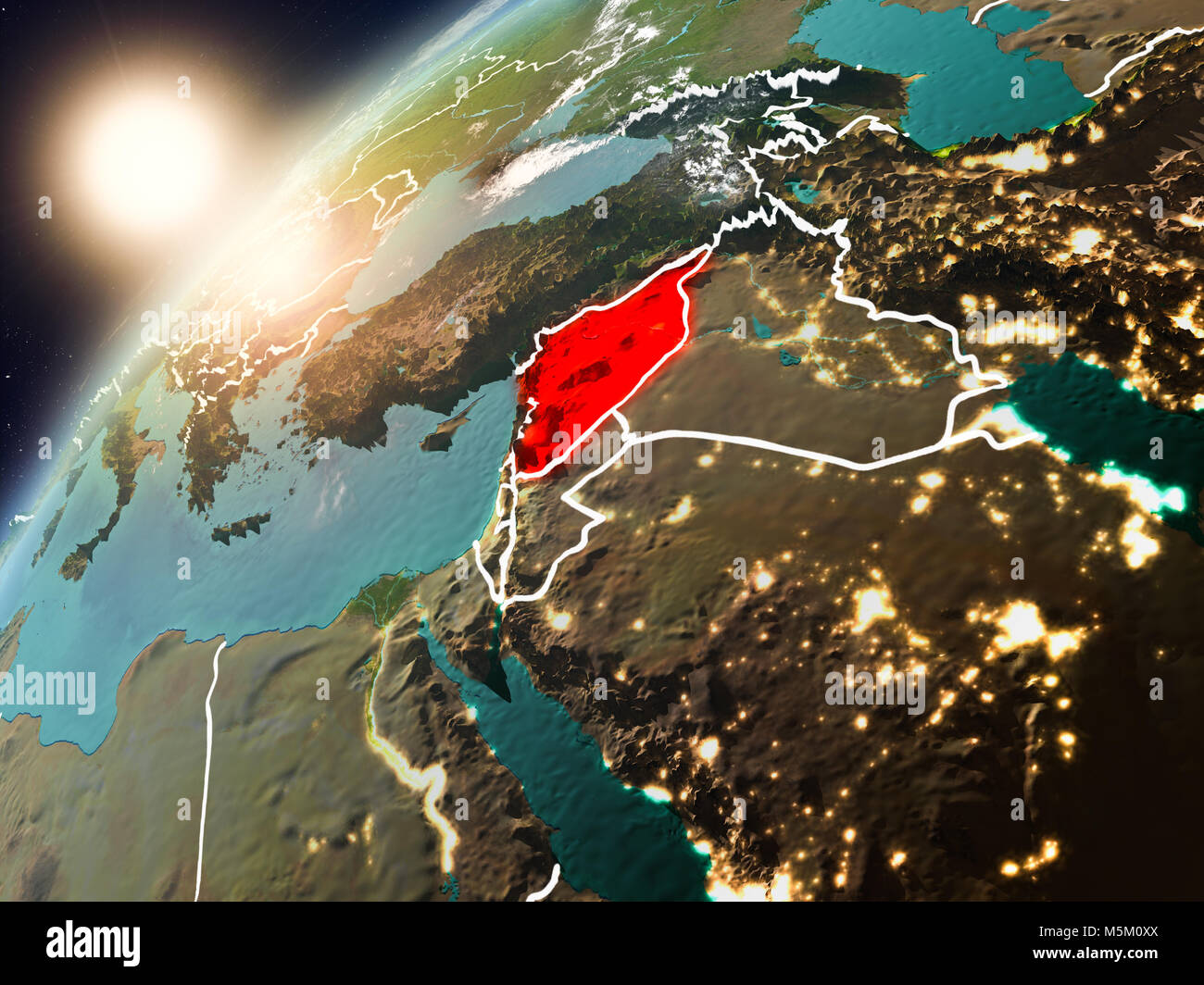Syria during sunset highlighted in red on planet Earth with clouds and ...