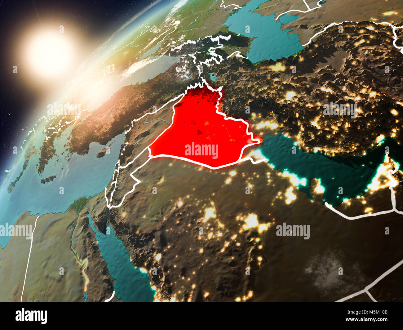 Iraq during sunset highlighted in red on planet Earth with clouds and ...