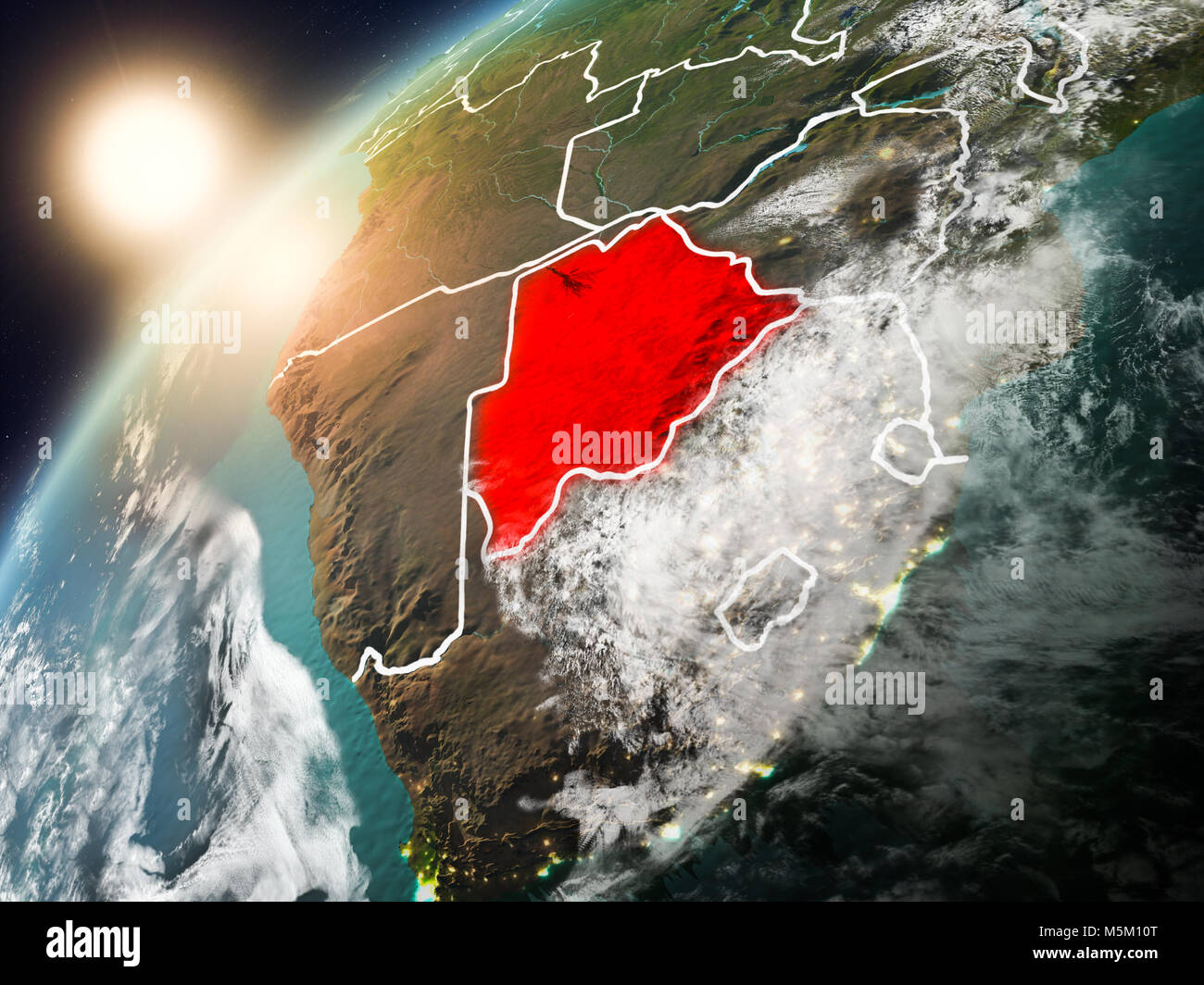 Botswana during sunset highlighted in red on planet Earth with clouds and visible country ...