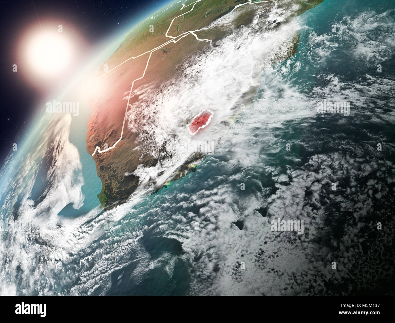 Lesotho during sunset highlighted in red on planet Earth with clouds ...