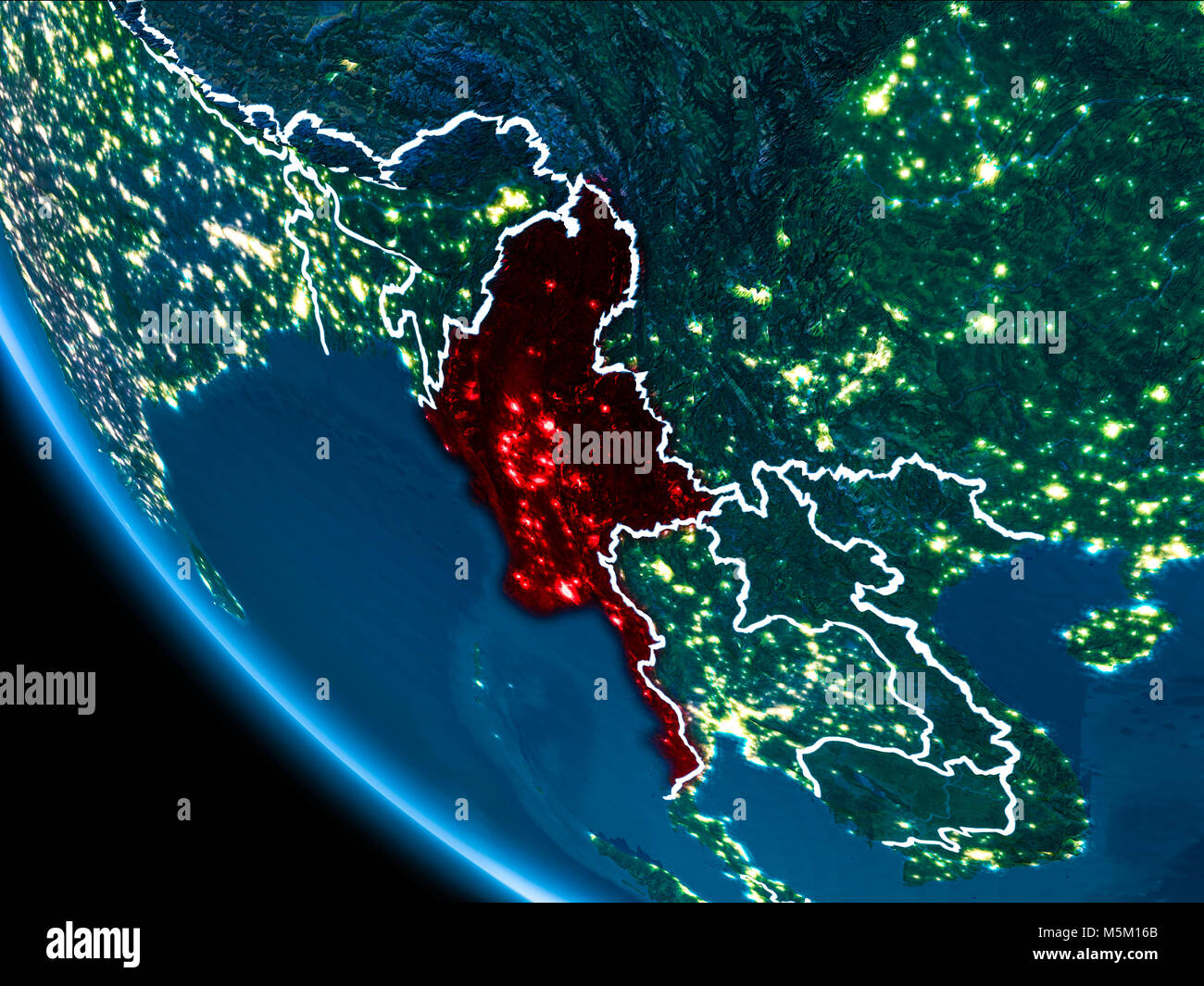 Map of Myanmar in red as seen from space on planet Earth at night with ...