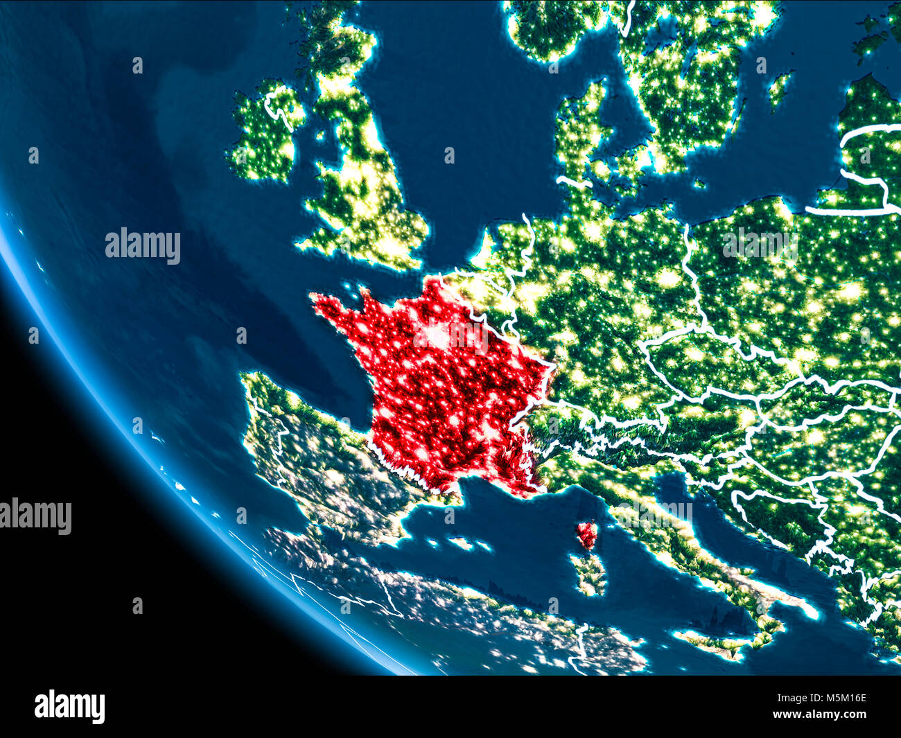 Map of France in red as seen from space on planet Earth at night with ...
