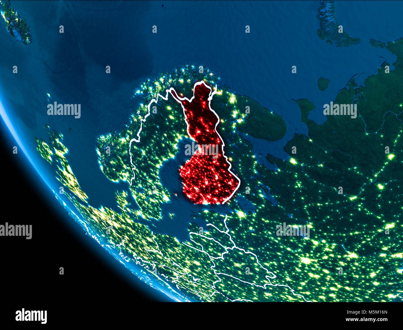Map of Finland in red as seen from space on planet Earth at night with ...