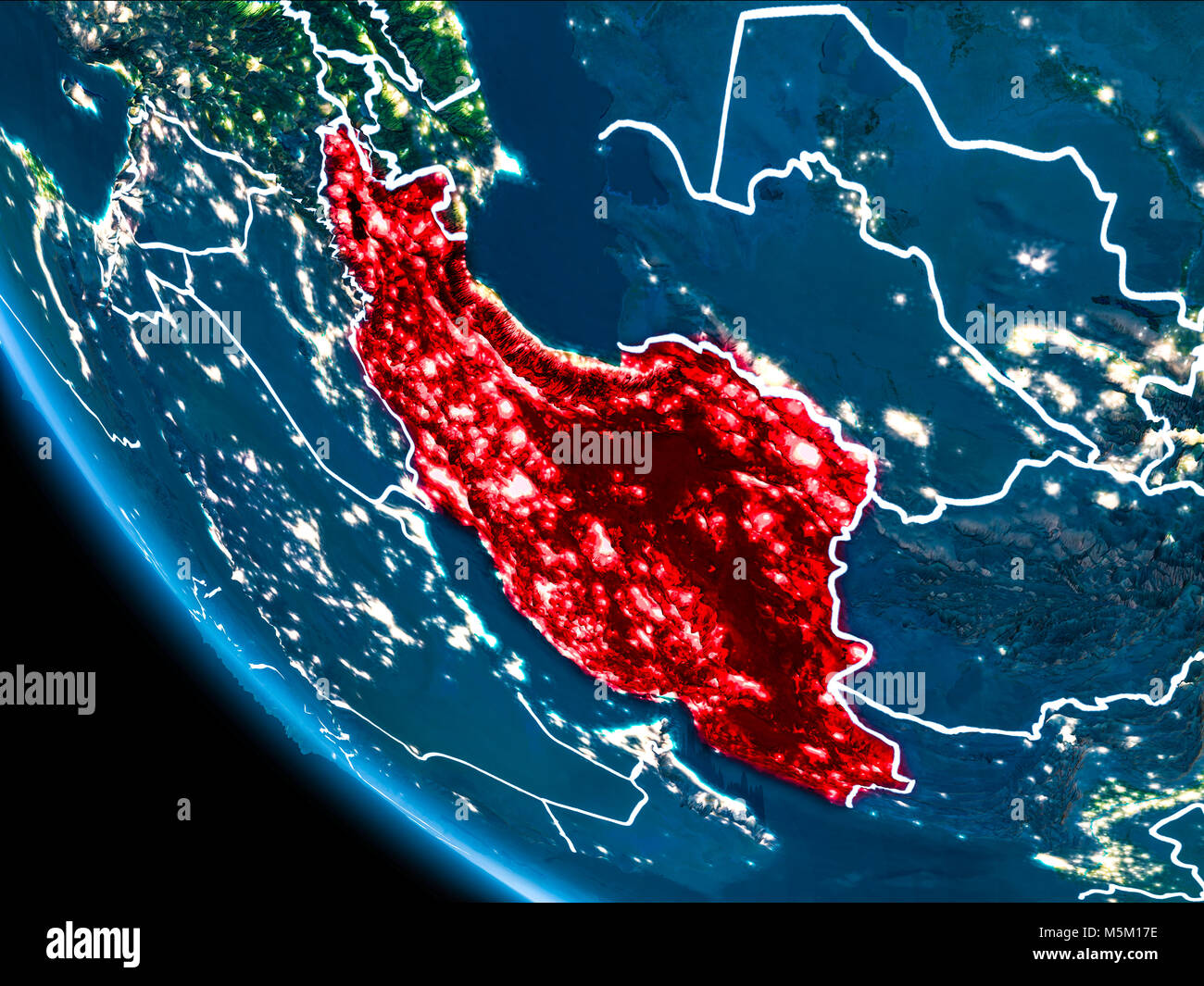 Map of Iran in red as seen from space on planet Earth at night with ...