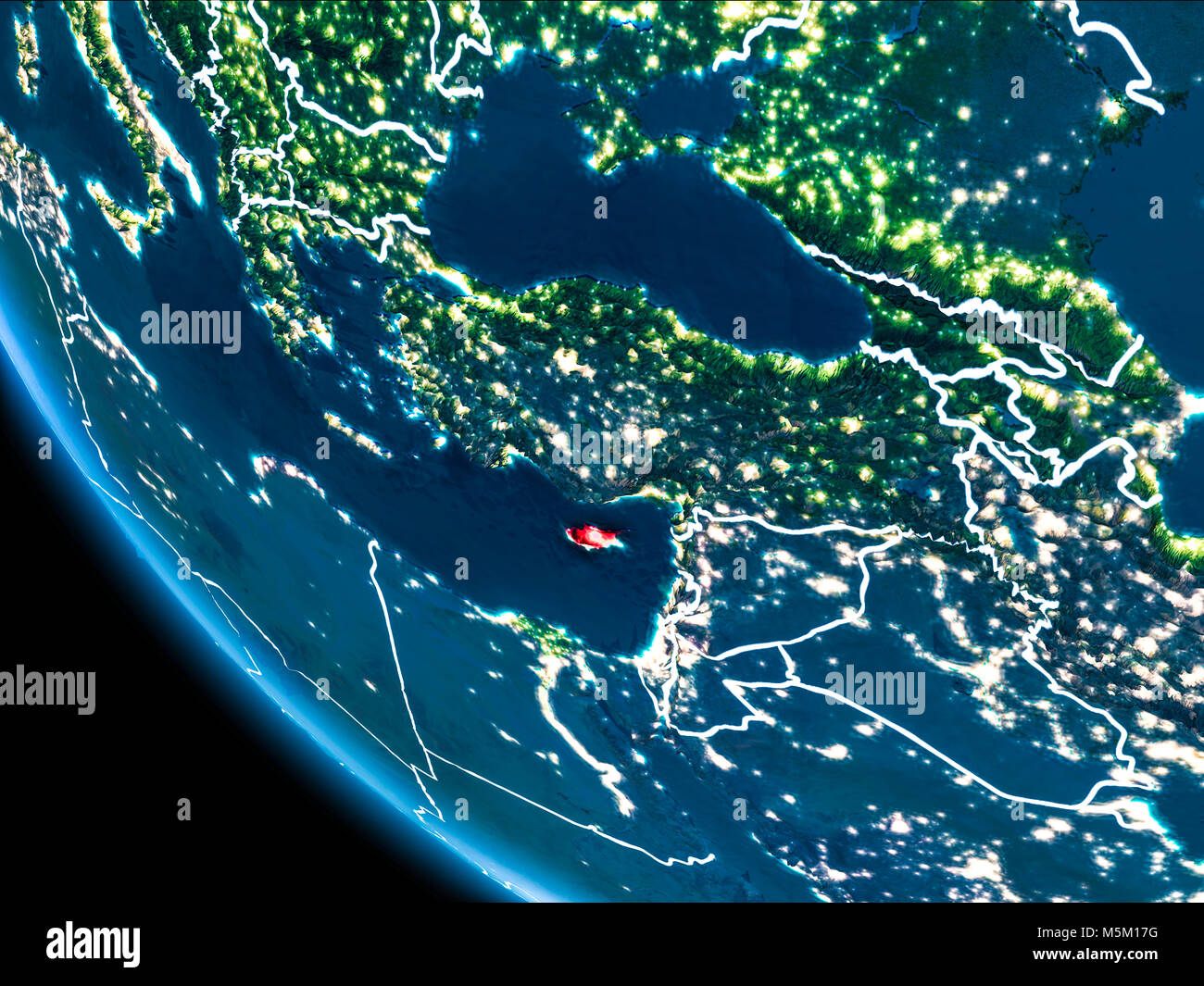 Map of Cyprus in red as seen from space on planet Earth at night with ...