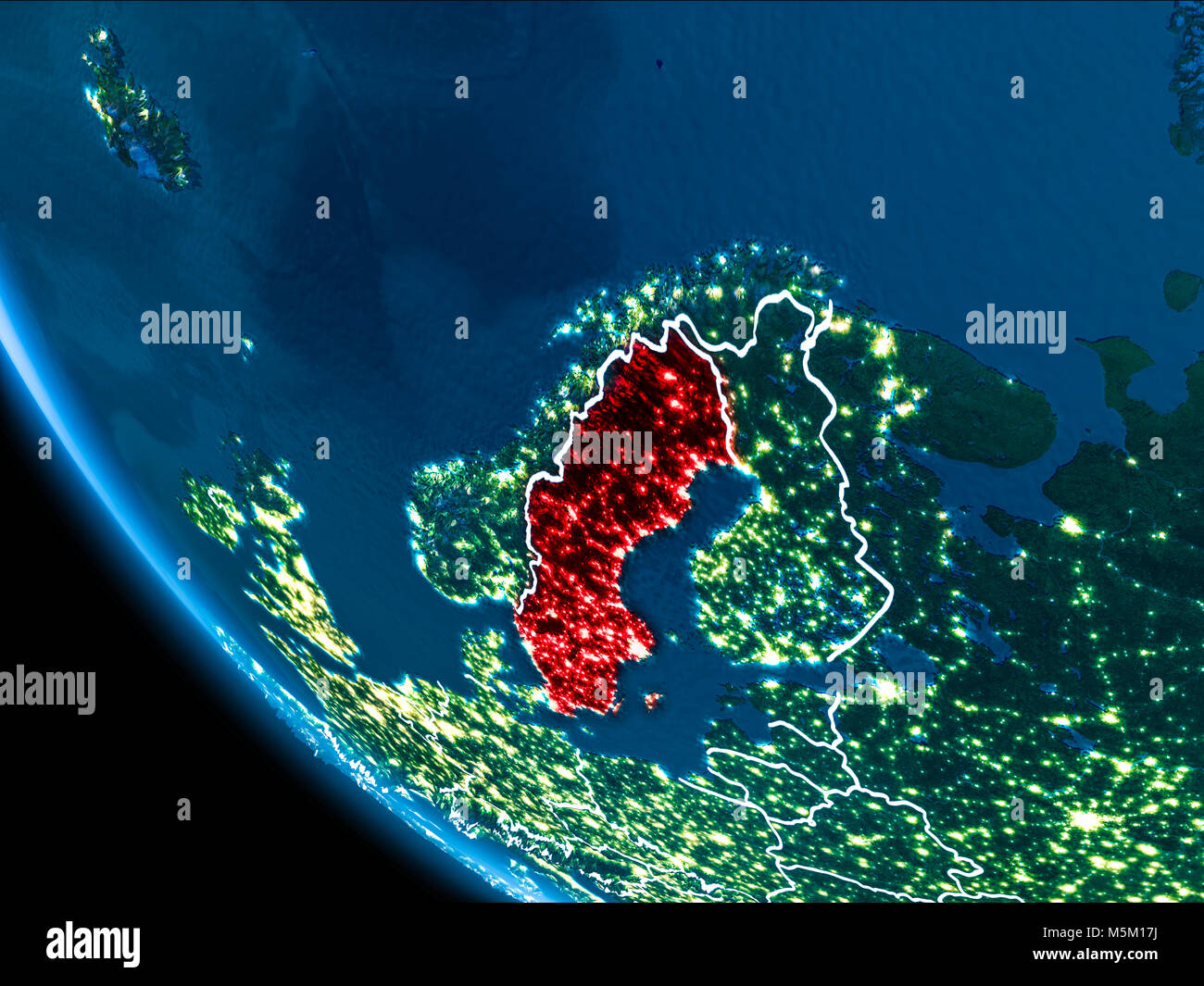 Map of Sweden in red as seen from space on planet Earth at night with ...