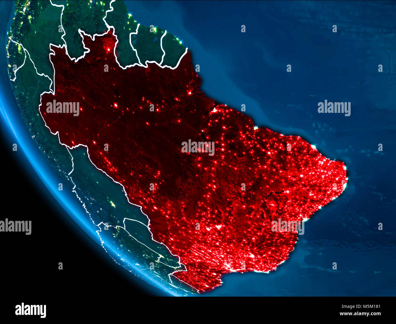 Map of Brazil in red as seen from space on planet Earth at night with ...