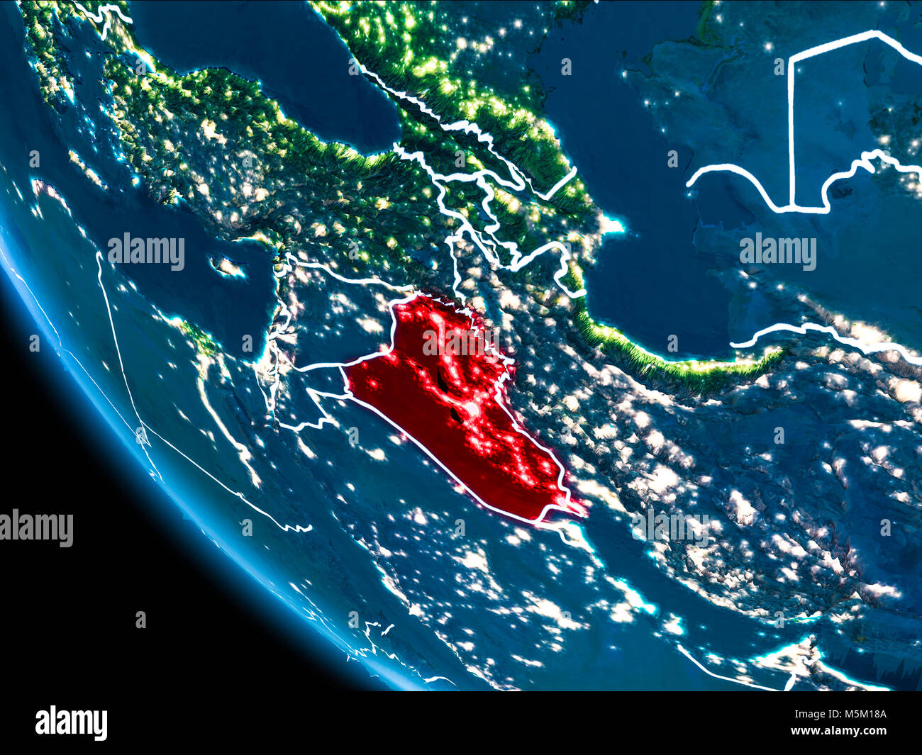 Map of Iraq in red as seen from space on planet Earth at night with ...